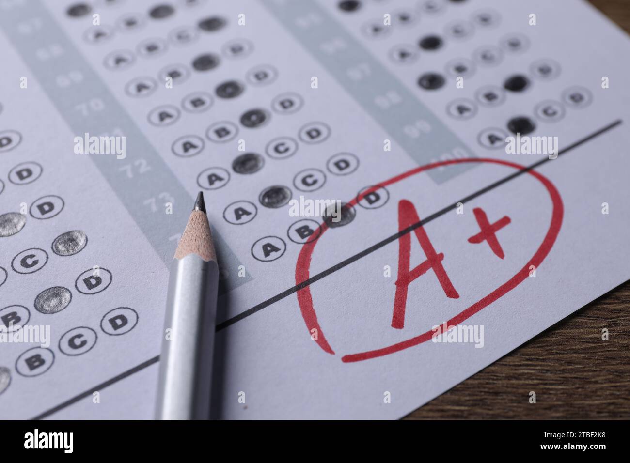 School grade. Answer sheet with red letter A, plus symbol and pencil on ...