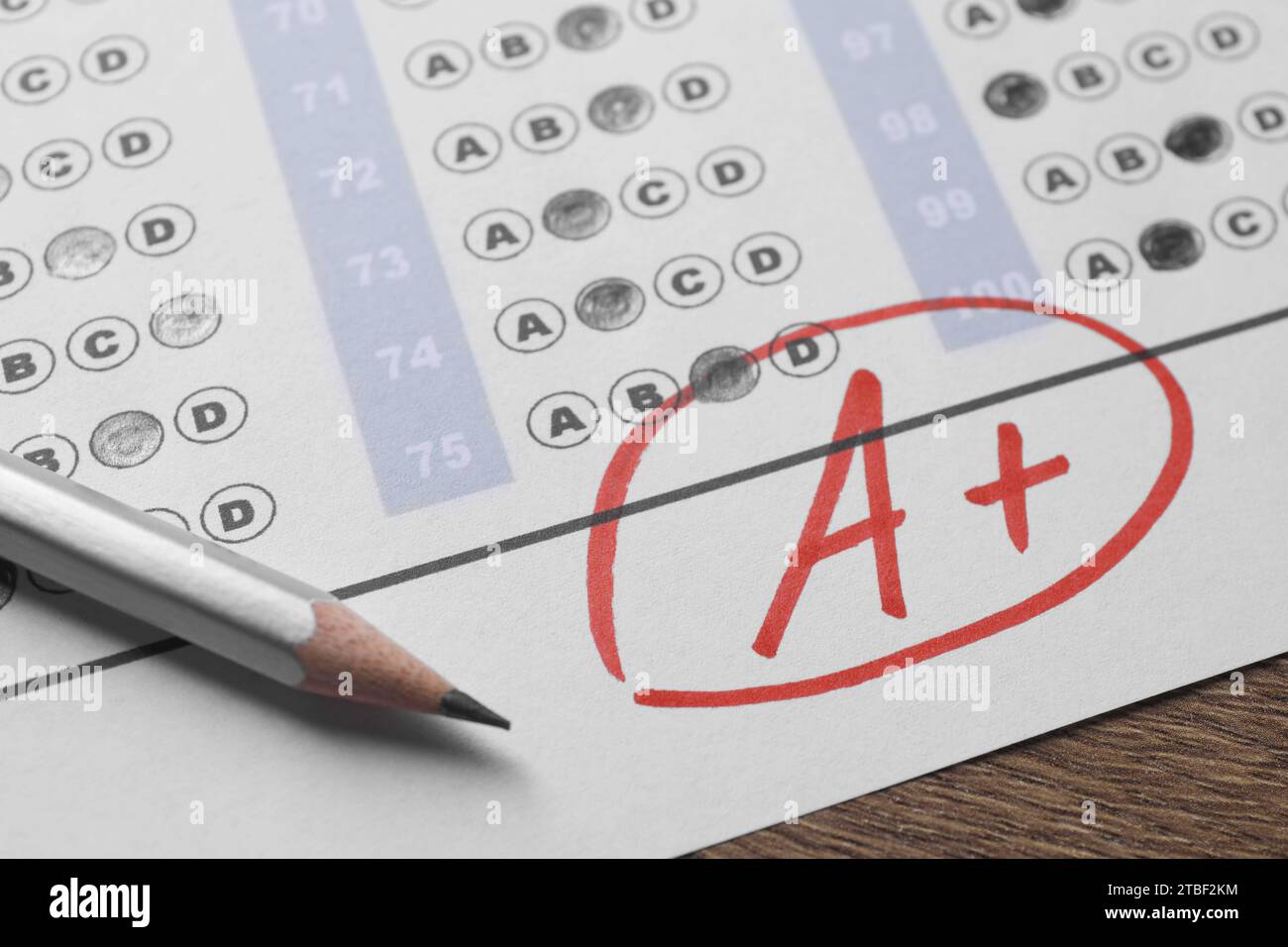 School grade. Answer sheet with red letter A, plus symbol and pencil on ...
