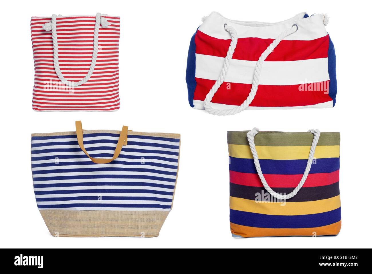 Different striped beach bags isolated on white, set Stock Photo - Alamy