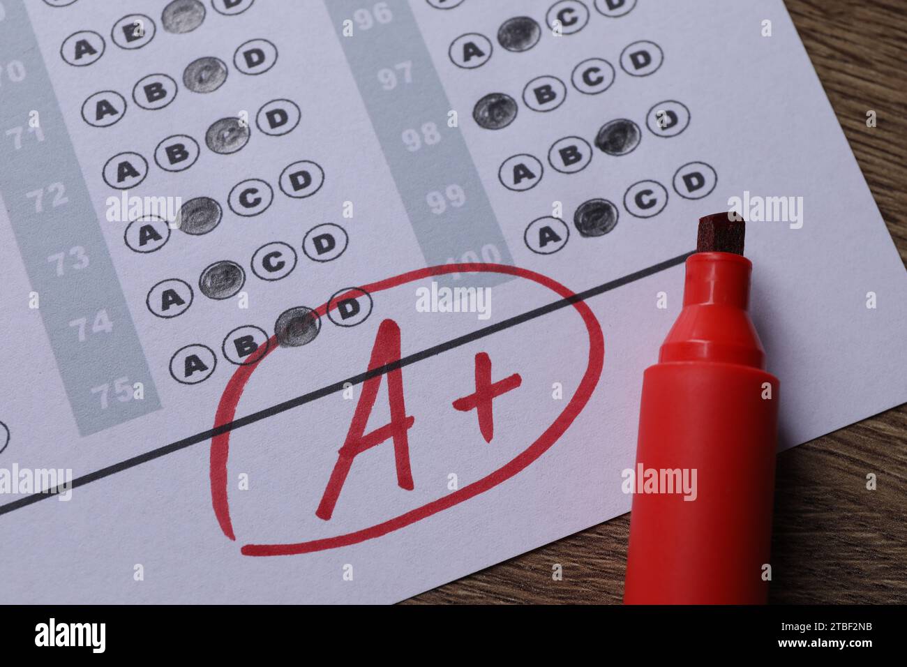 School grade. Answer sheet with red letter A, plus symbol and marker on ...
