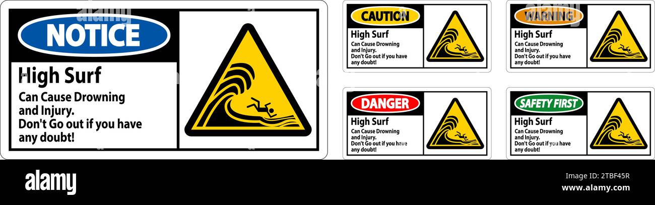Beach Hazard Warning Sign, High Surf Can Cause Drowning And Injury. Don ...
