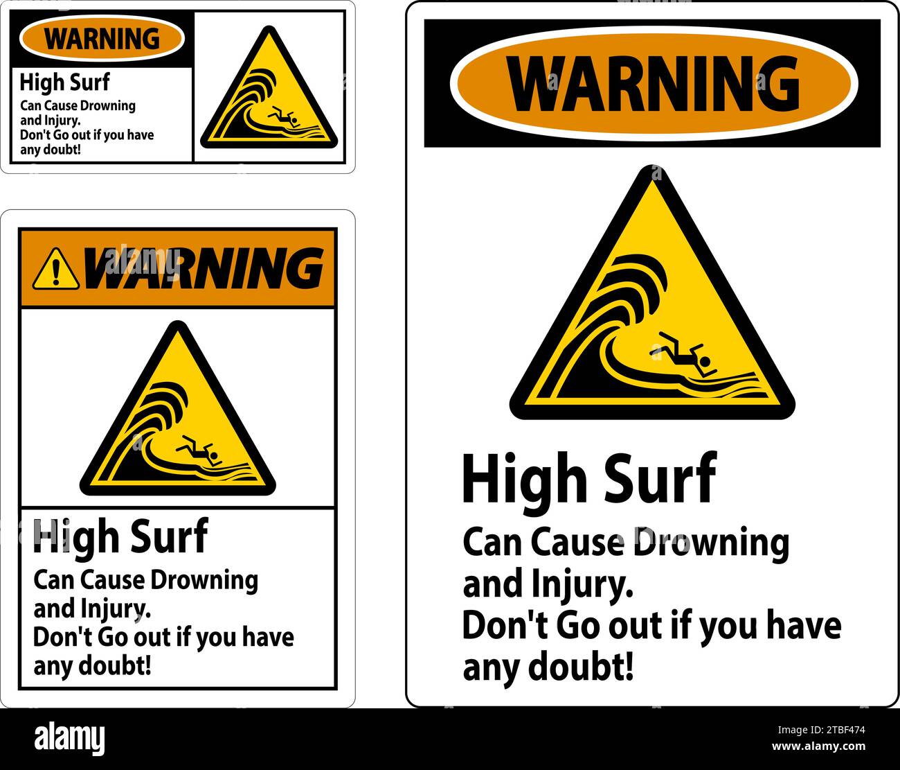 Beach Hazard Warning Sign, High Surf Can Cause Drowning And Injury. Don ...