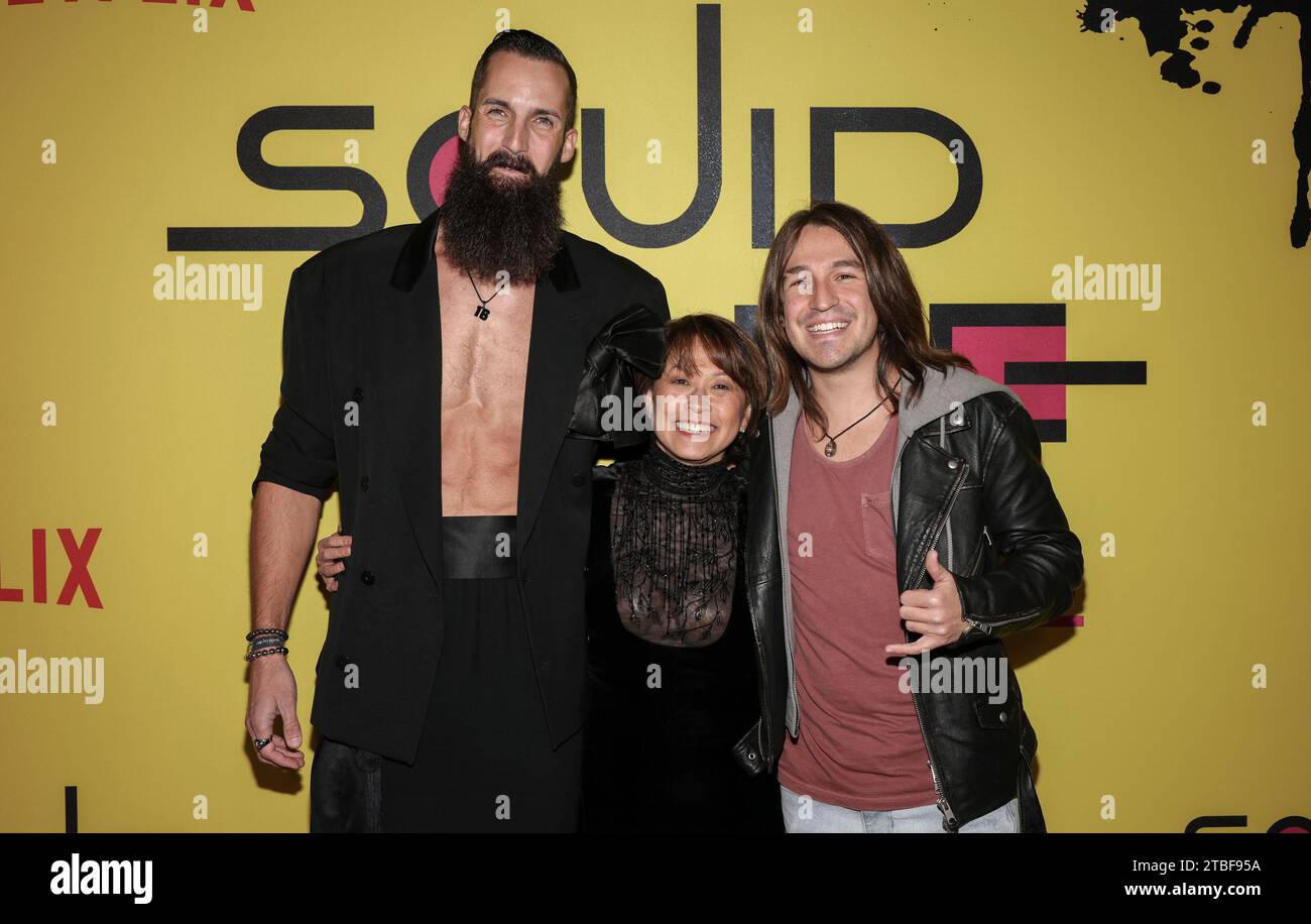 Sam Lantz, from left, Mai Whelan and Phill Cain attend Netflix's "Squid ...
