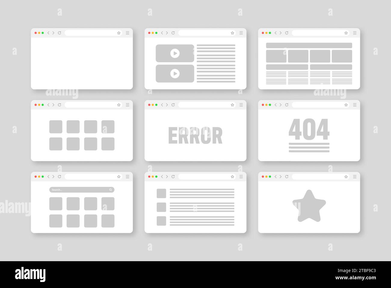 Web browser window, pages layout with toolbar and search field. Modern ...