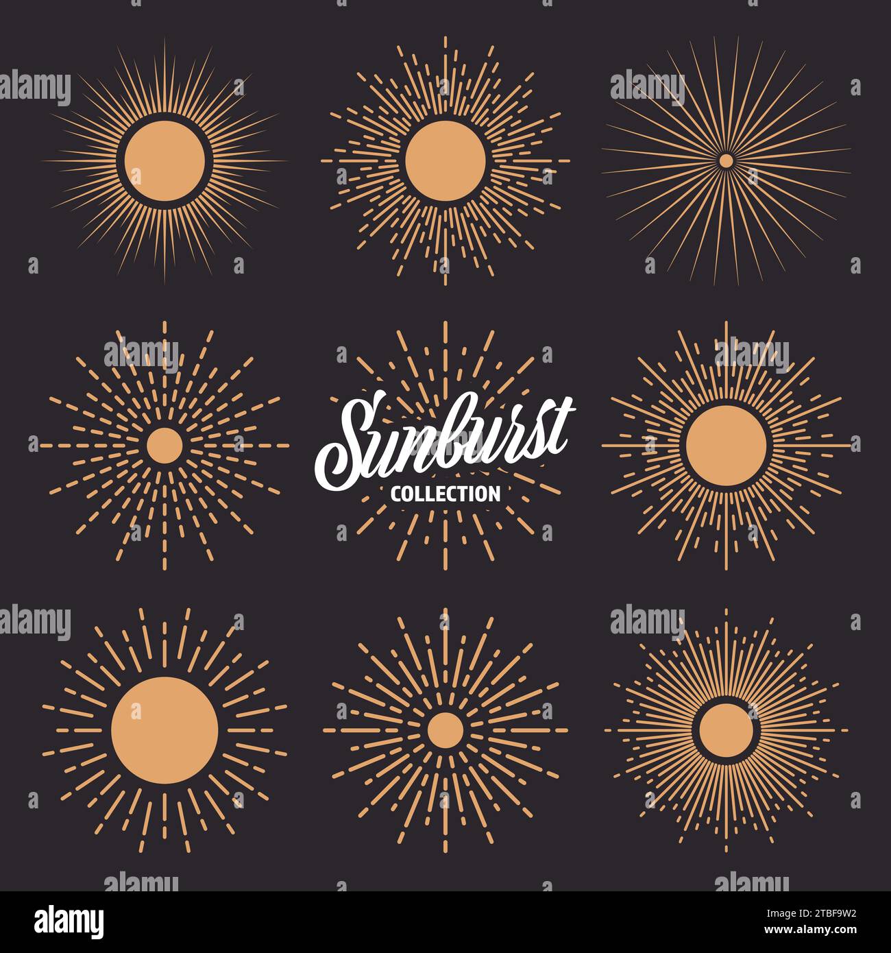 Vintage sunburst, sunset beams collection. Hand drawn bursting sun ...