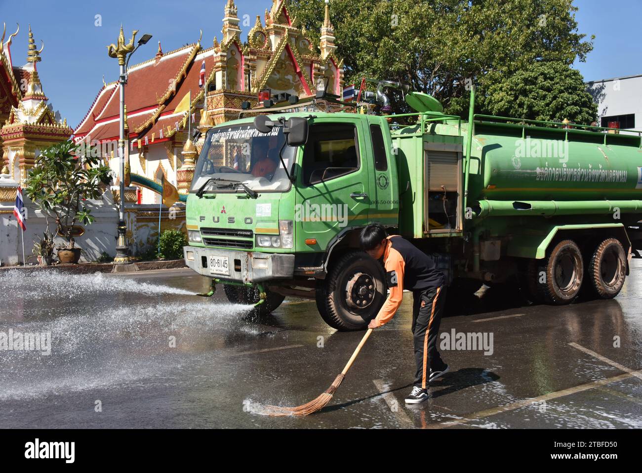 Municipal employees take part in a national clean up day In Nakhon ...