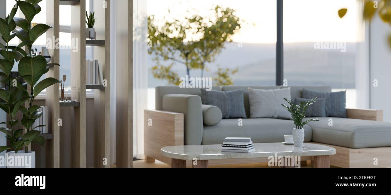 Interior design of a modern living room with a cosy couch, a coffee ...