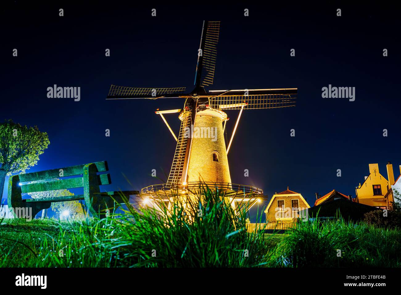 Night View of an Old Windmill with Lights in Zierikzee, Netherlands ...