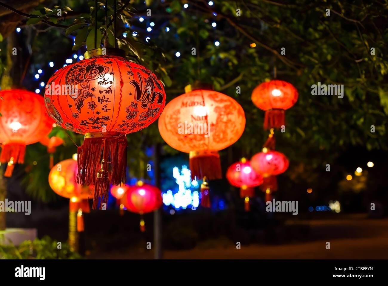 Many red lanterns with vietnamese language translated as "Happy New ...