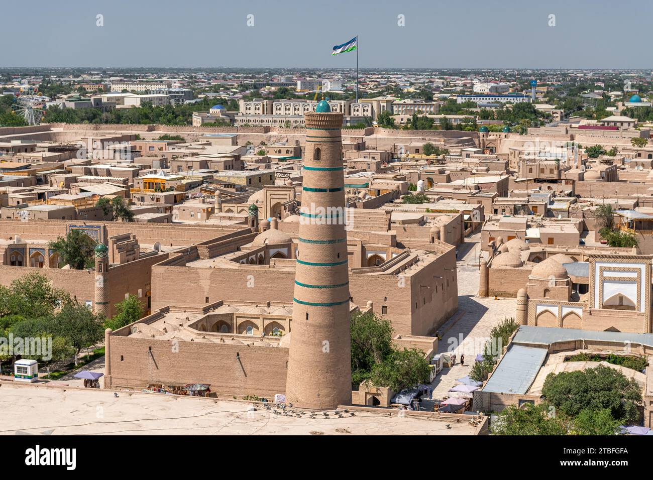 Minaret and madrasah of Islam-Khoja in the old Khiva. Close up ...