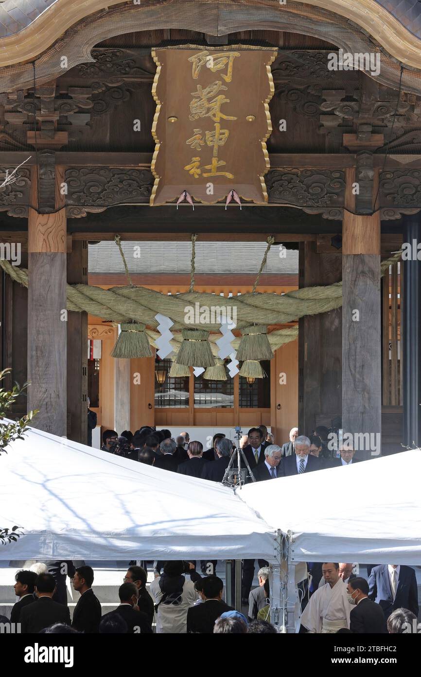 The two-storied gate of Aso Shrine is restored in Aso City, Kumamoto ...