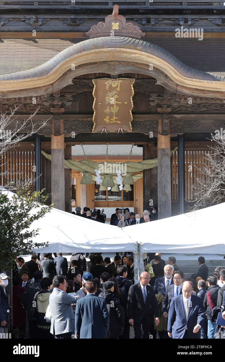 The two-storied gate of Aso Shrine is restored in Aso City, Kumamoto ...