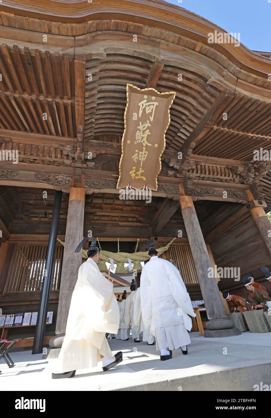 The two-storied gate of Aso Shrine is restored in Aso City, Kumamoto ...