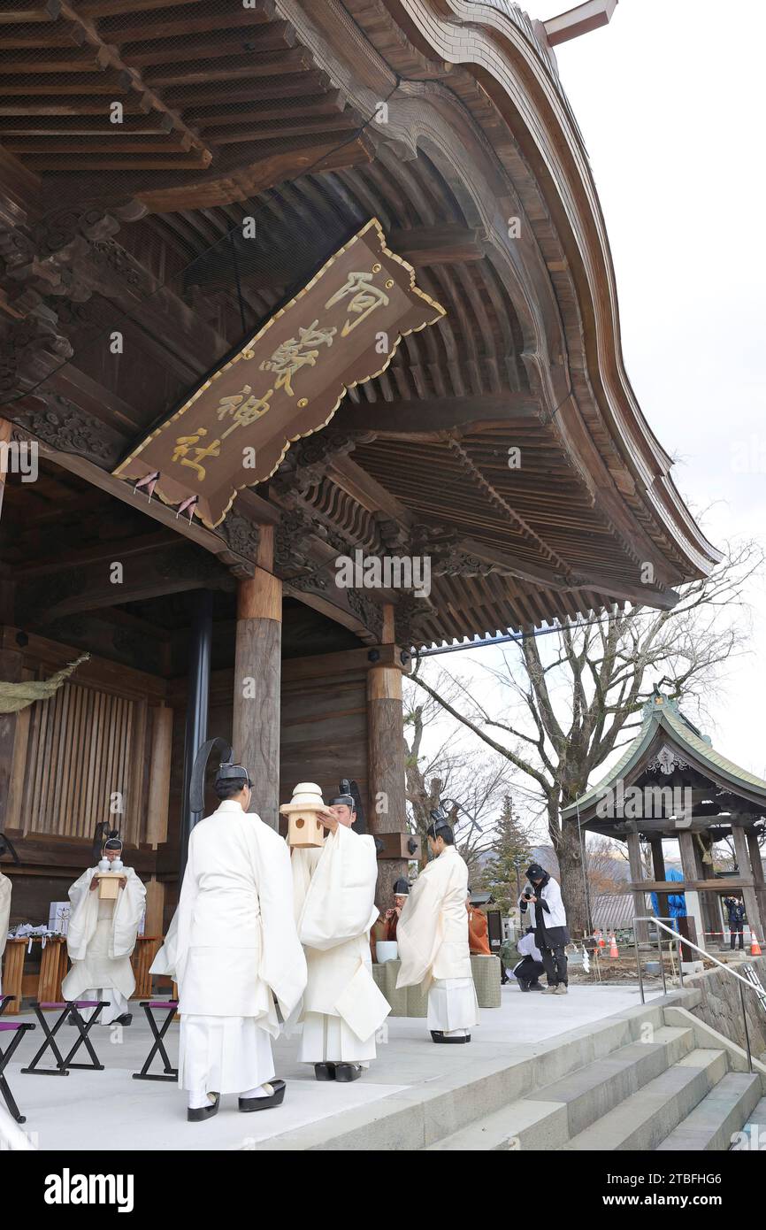 The two-storied gate of Aso Shrine is restored in Aso City, Kumamoto ...