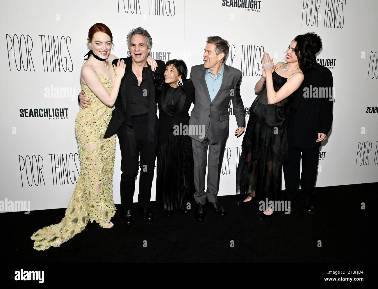 Emma Stone, from left, Mark Ruffalo, Kathryn Hunter, Willem Dafoe, Margaret Qualley and Ramy ...