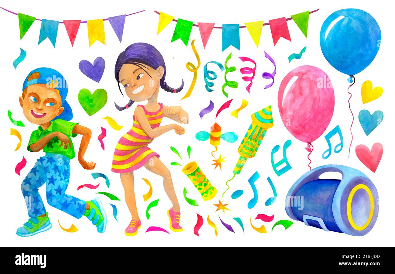 Set of children party object and characters with dancing kids, flag ...