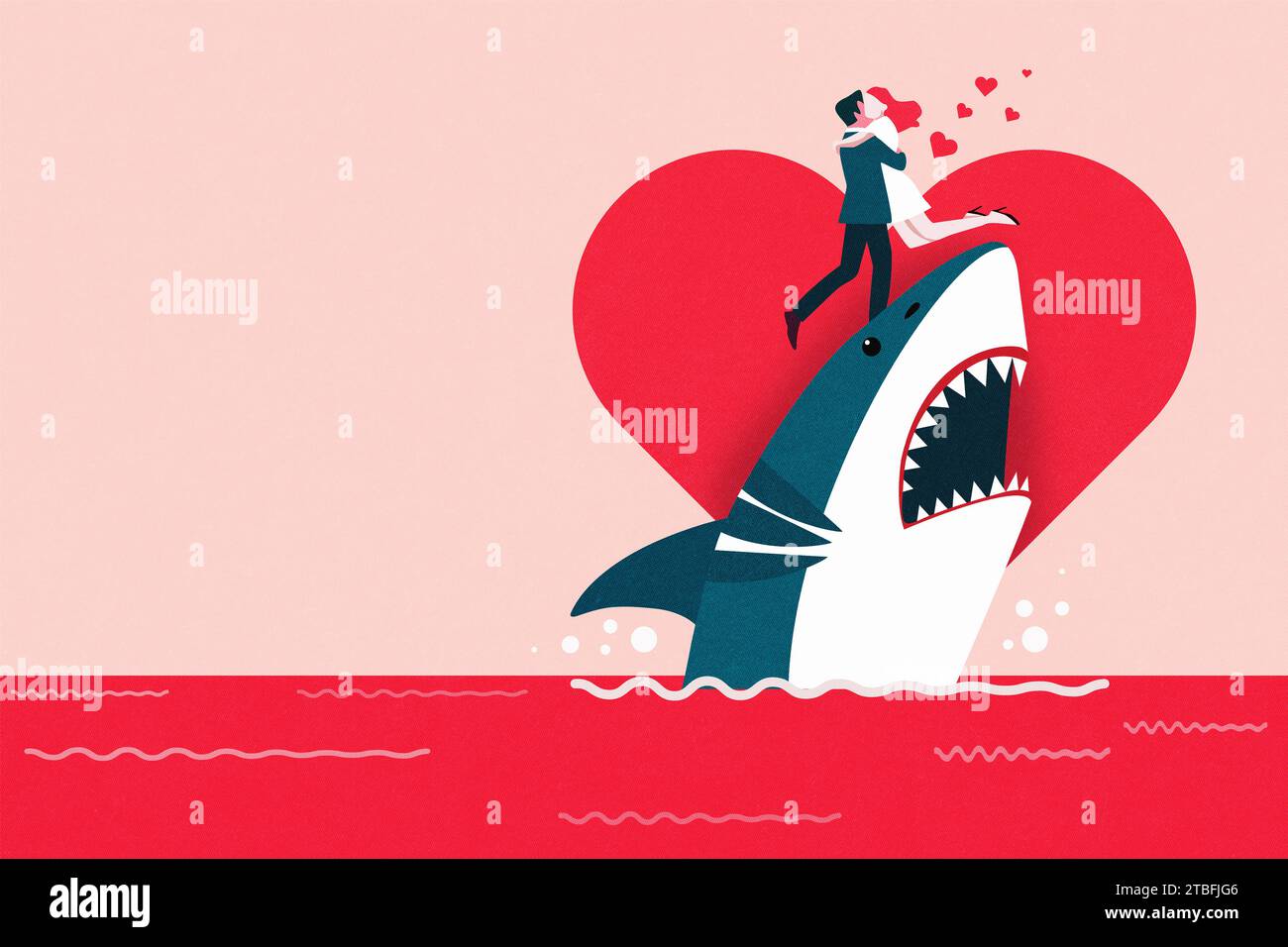 fantasy valentine card, man hug woman in love, standing on shark mouth ...