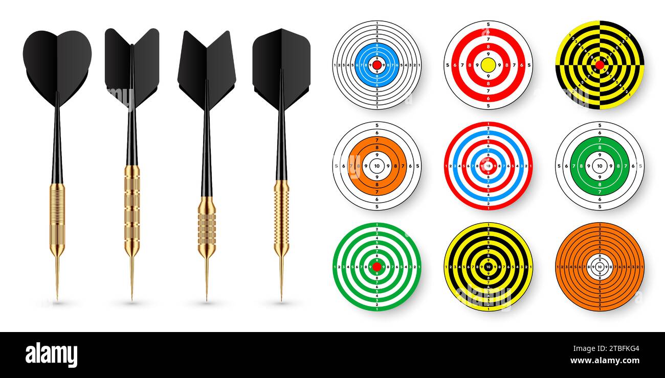 Paper targets with dart arrows and shadows. Shooting range round target ...