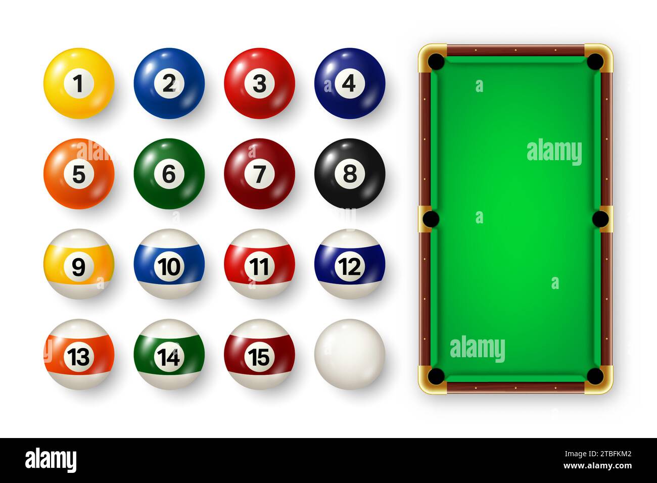 Billiard balls with numbers, various cues and green pool table. Glossy ...