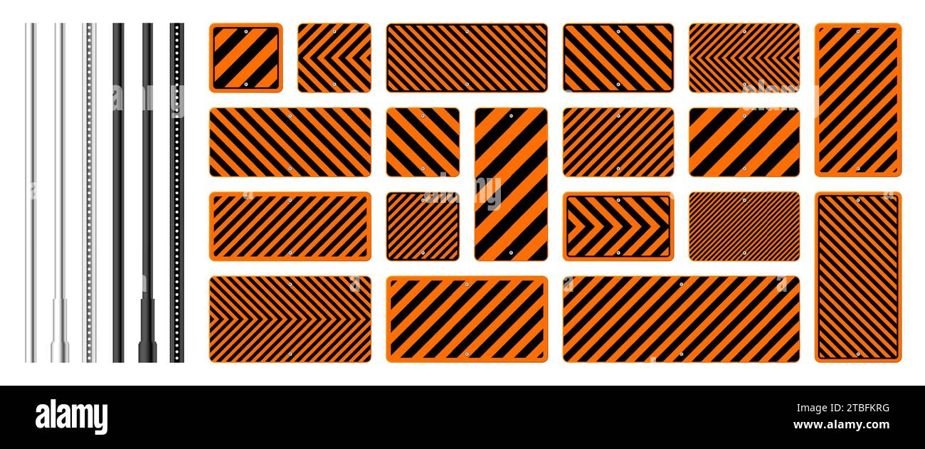 Warning, danger signs, attention banners with metal poles. Orange ...