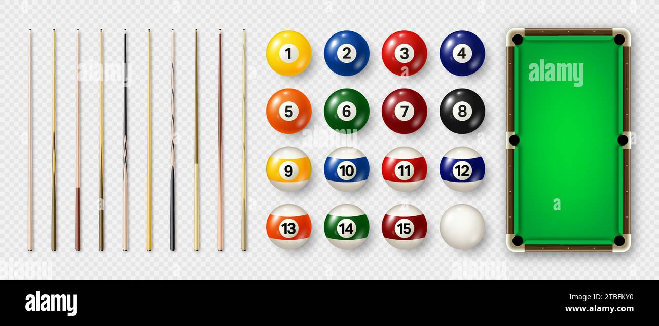 Billiard balls with numbers, various cues and green pool table. Glossy ...