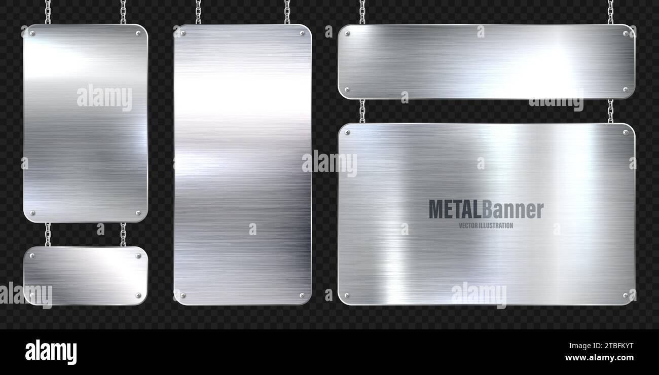 Metal banners hanging on a chain. Realistic shiny steel plate with ...