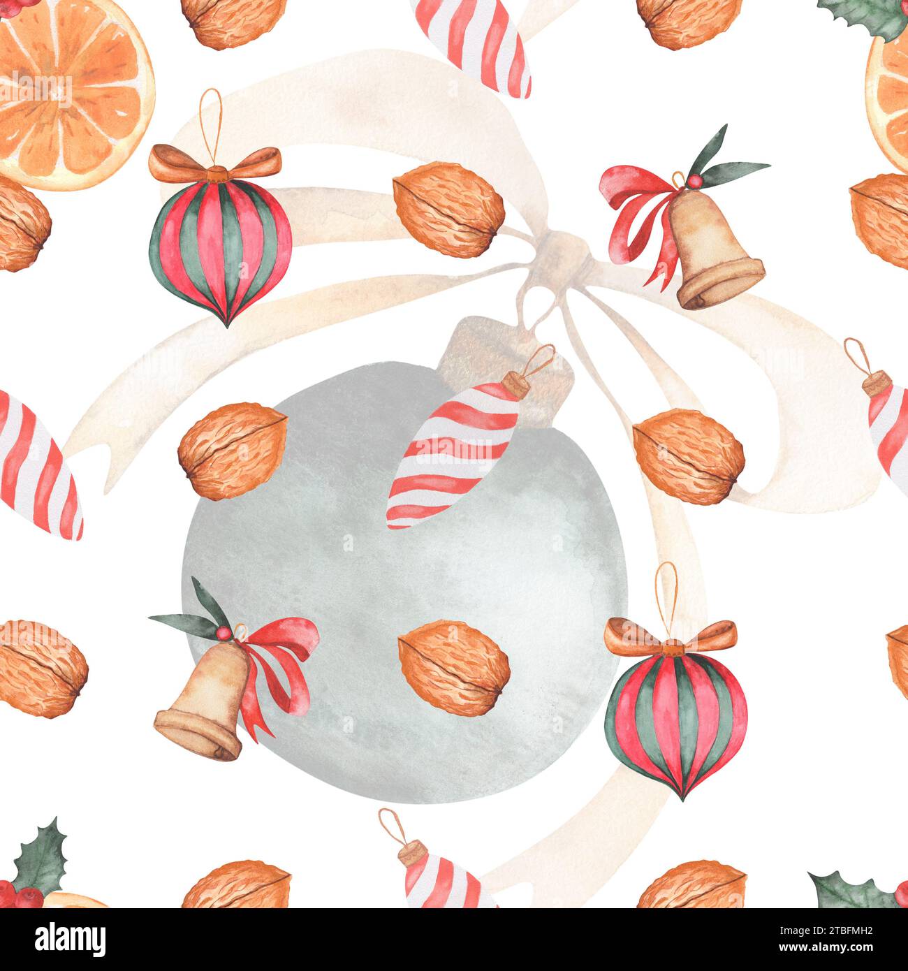 Watercolor seamless Christmas pattern with Christmas tree decorations ...