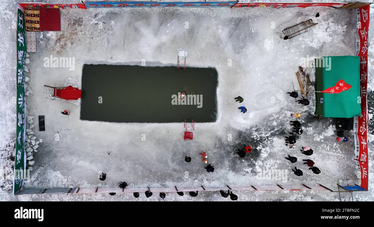 Winter swimming enthusiasts dive into the icy Songhua River in Harbin ...