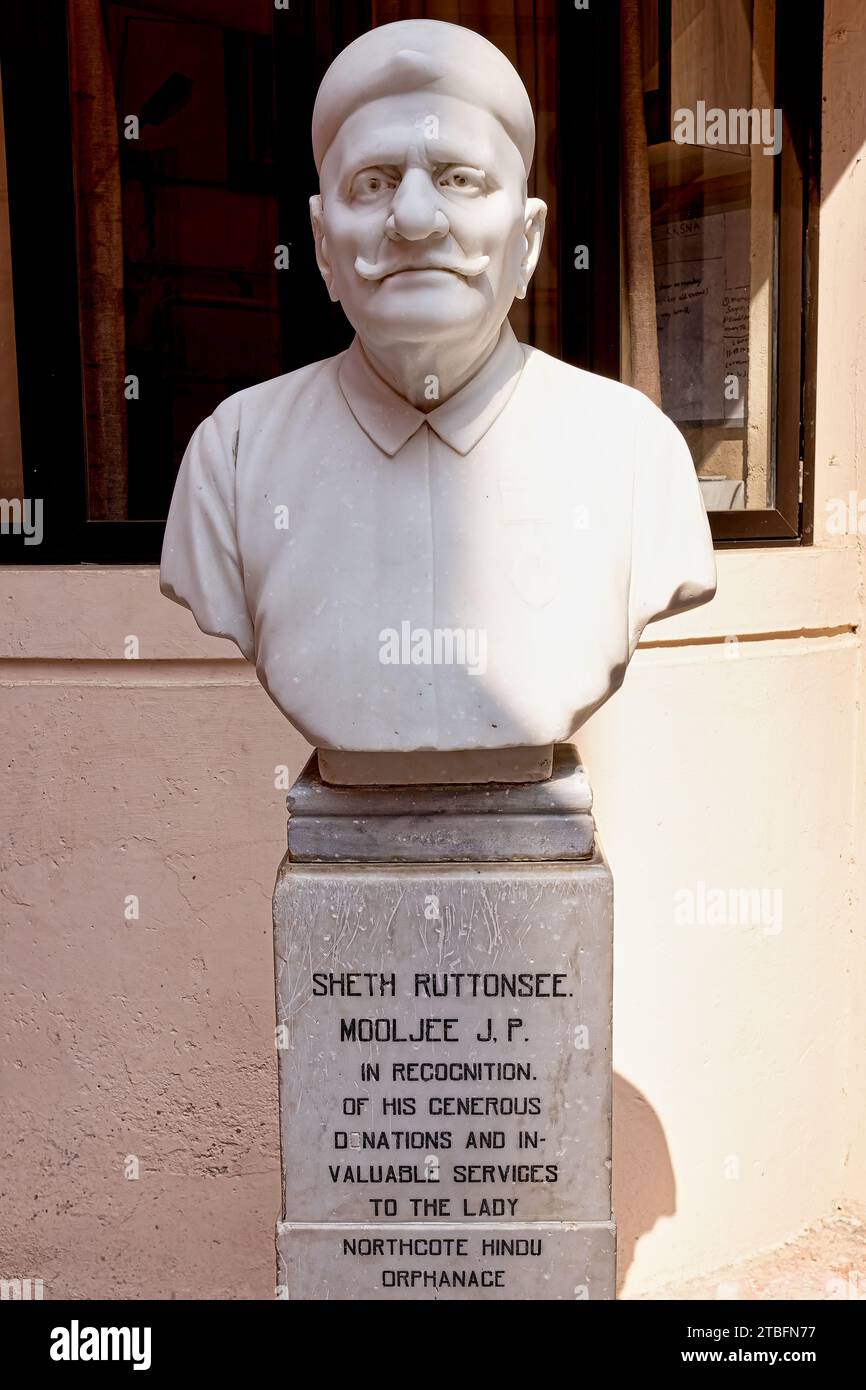 A bust honoring 19th c. cotton trader/philanthropist Ruttonsee Moolji ...