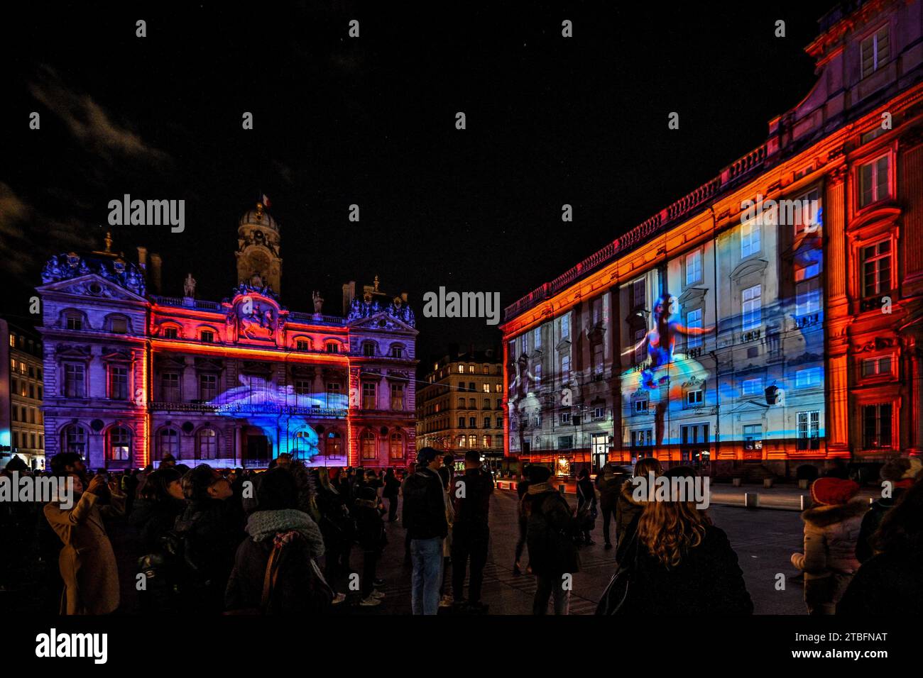 Lyon, France. 06th Dec, 2023. Place des Terreaux hosts a light show during Fete des Lumieres ...