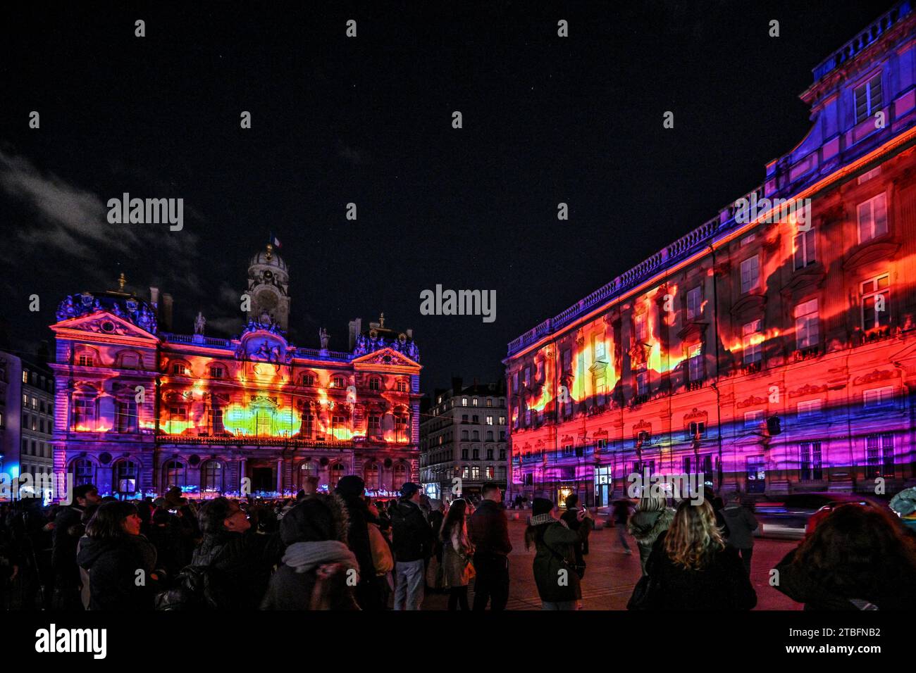 Lyon, France. 06th Dec, 2023. Place des Terreaux hosts a light show during Fete des Lumieres ...