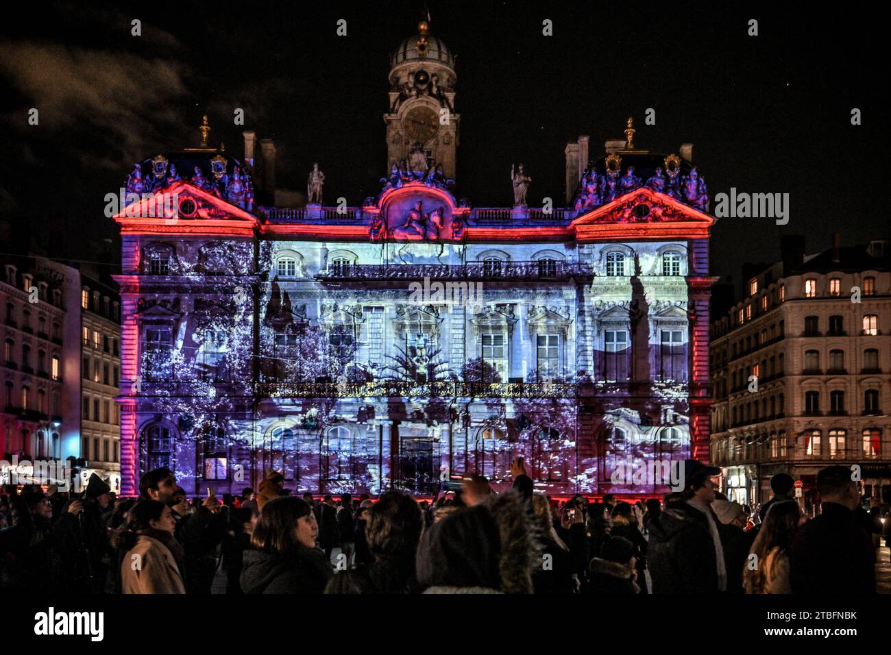 Lyon, France. 06th Dec, 2023. Place des Terreaux hosts a light show during Fete des Lumieres ...