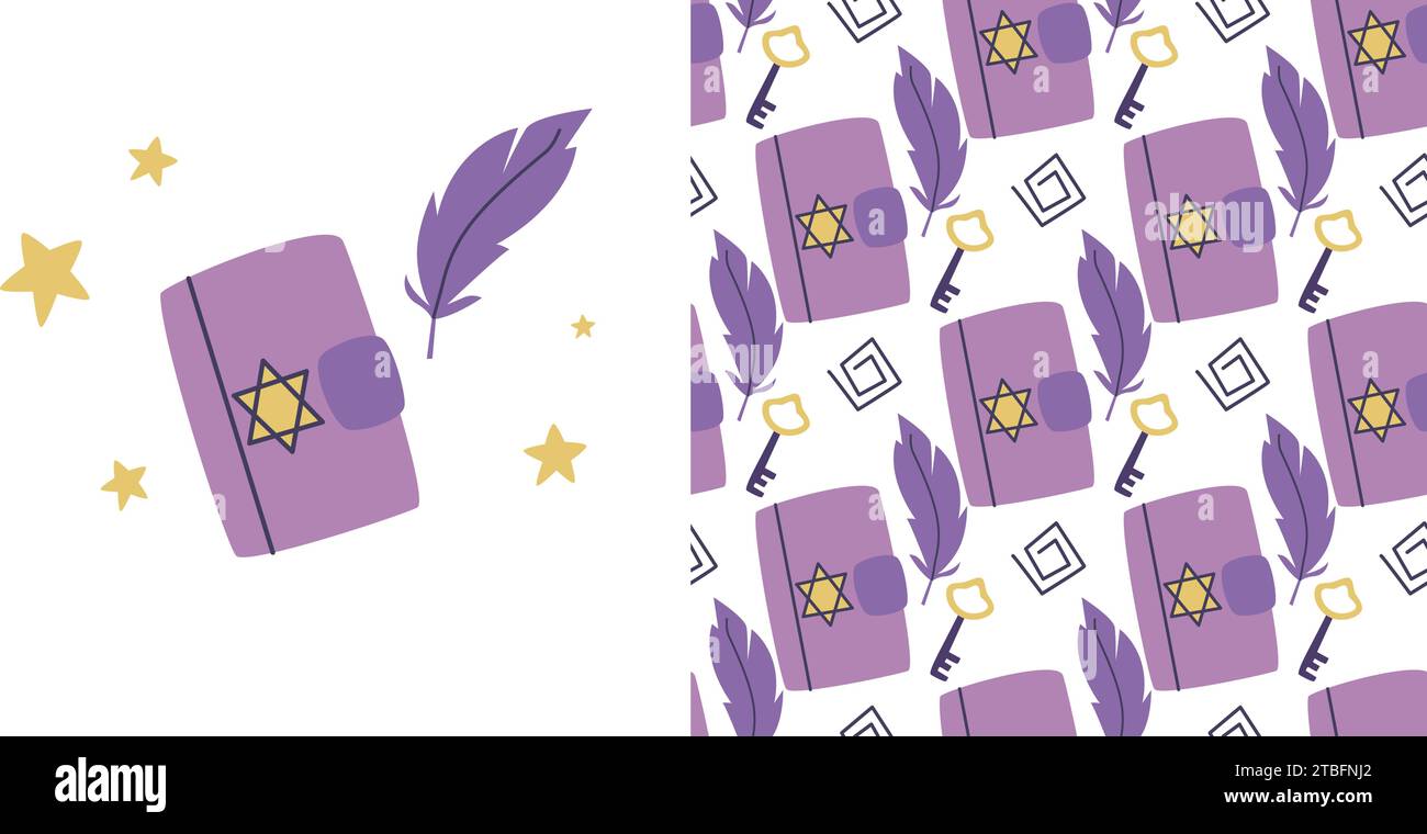 Spell book and feather seamless pattern. Magic letters for witchcraft ...