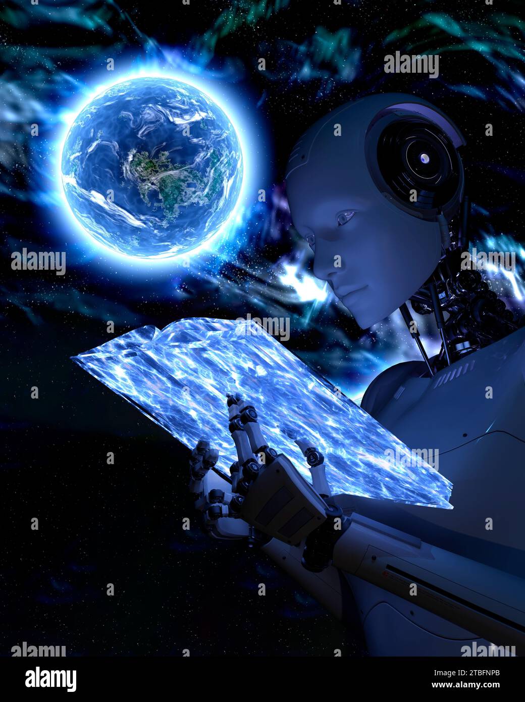 A female robot reading a book about artificial intelligence. Space ...