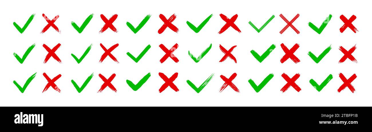 Dirty grunge hand drawn with brush strokes cross X and tick OK check ...