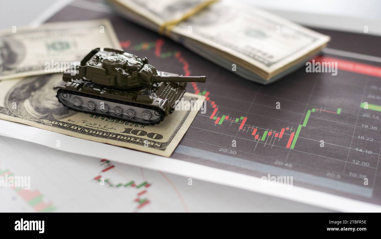 The main battle tank on US dollar bill banknotes background. U.S.A. and ...