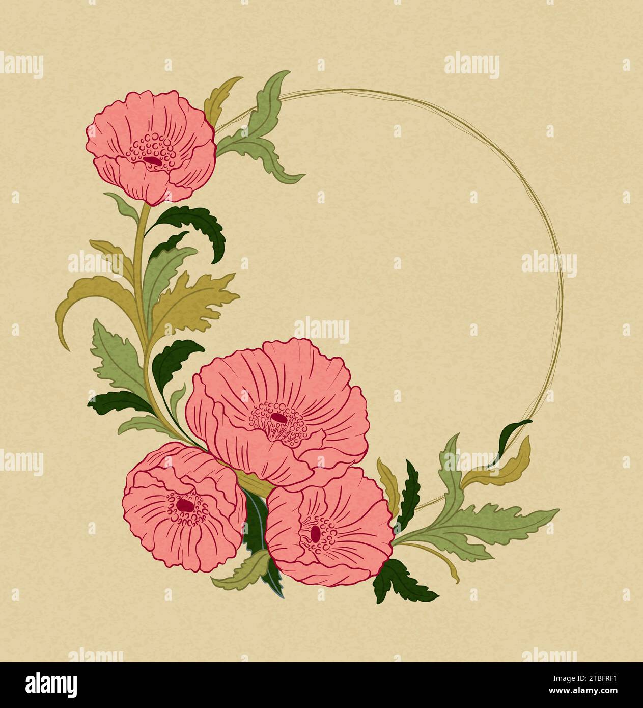 Floral poppy plant in art nouveau 1920-1930. Hand drawn with weaves of ...