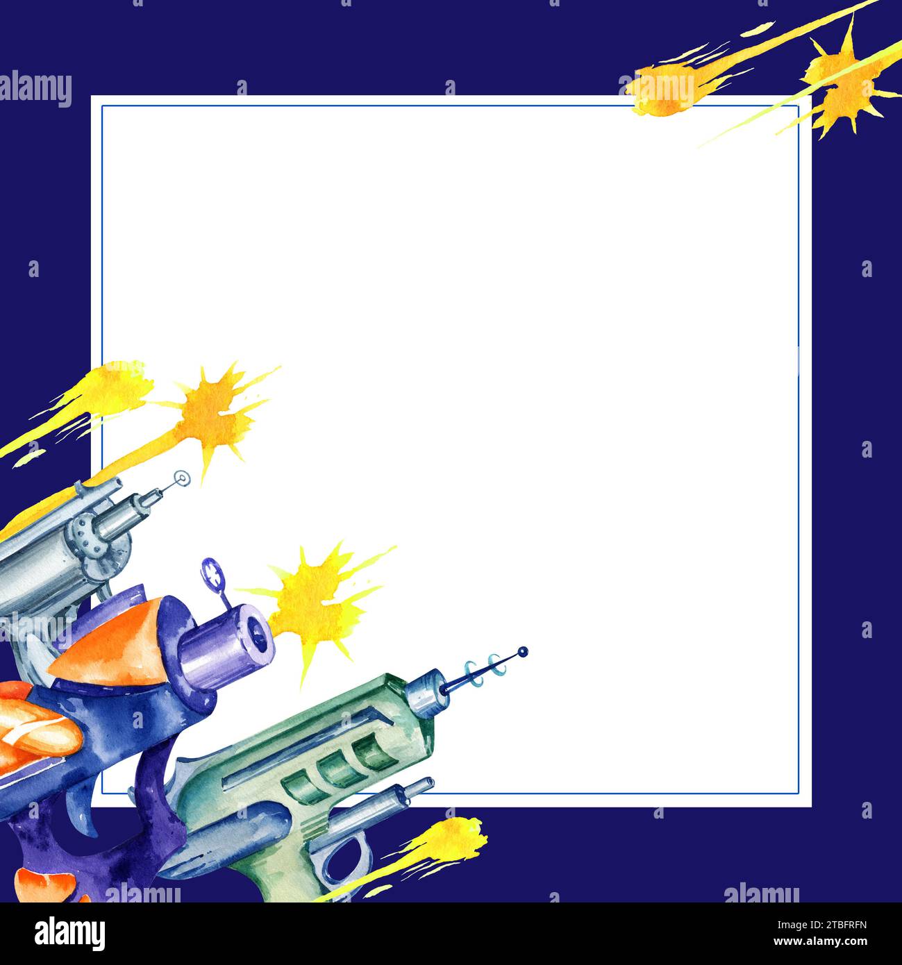 watercolor white square frame with toy guns, fantastic weapons, space ...