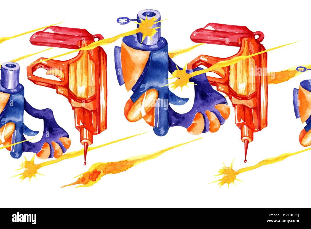 watercolor hand drawn seamless border with toy guns, fantastic weapons ...