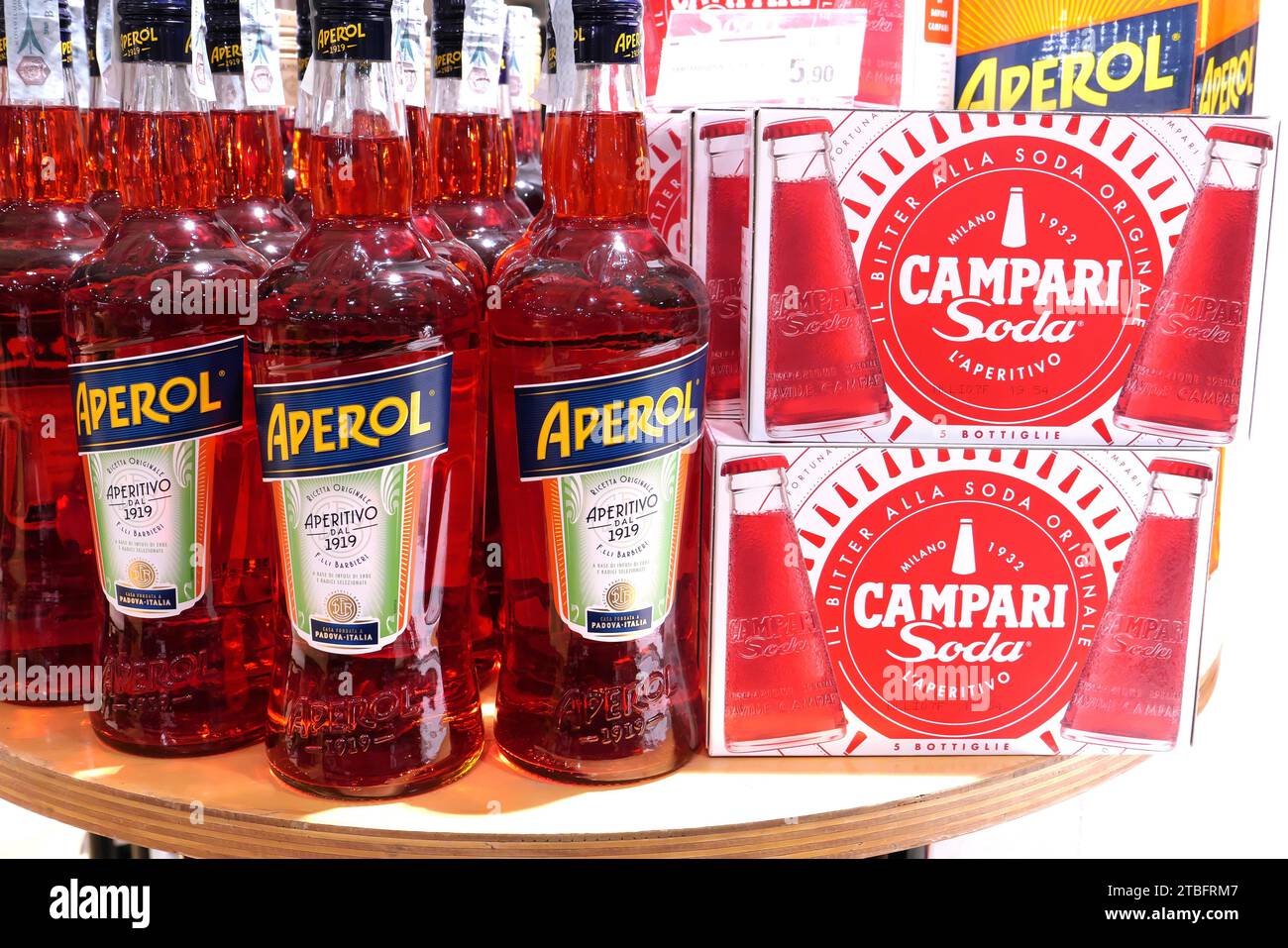 APEROL BOTTLES OF ITALIAN APERITIF ON DISPLAY INSIDE THE FOOD STORE ...