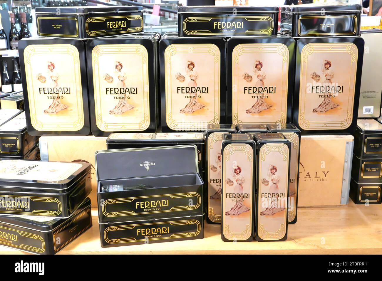 FERRARI BOTTLES OF ITALIAN SPARKLING WINE ON DISPLAY INSIDE THE FOOD ...