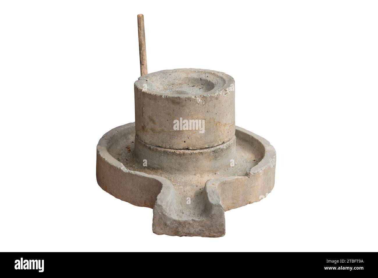 Ancient manual stone mill isolated on white background, work with ...