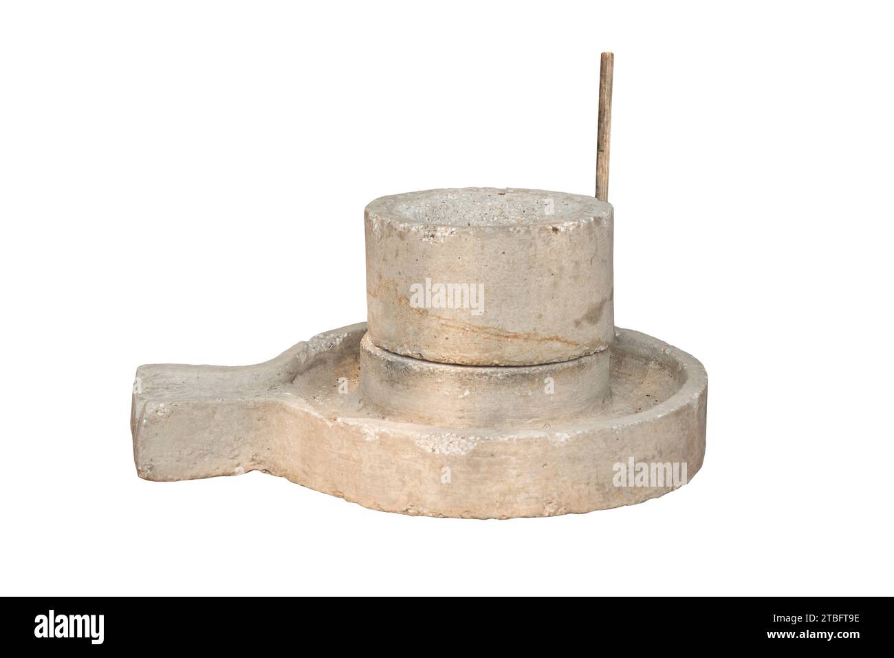Ancient manual stone mill isolated on white background, work with ...