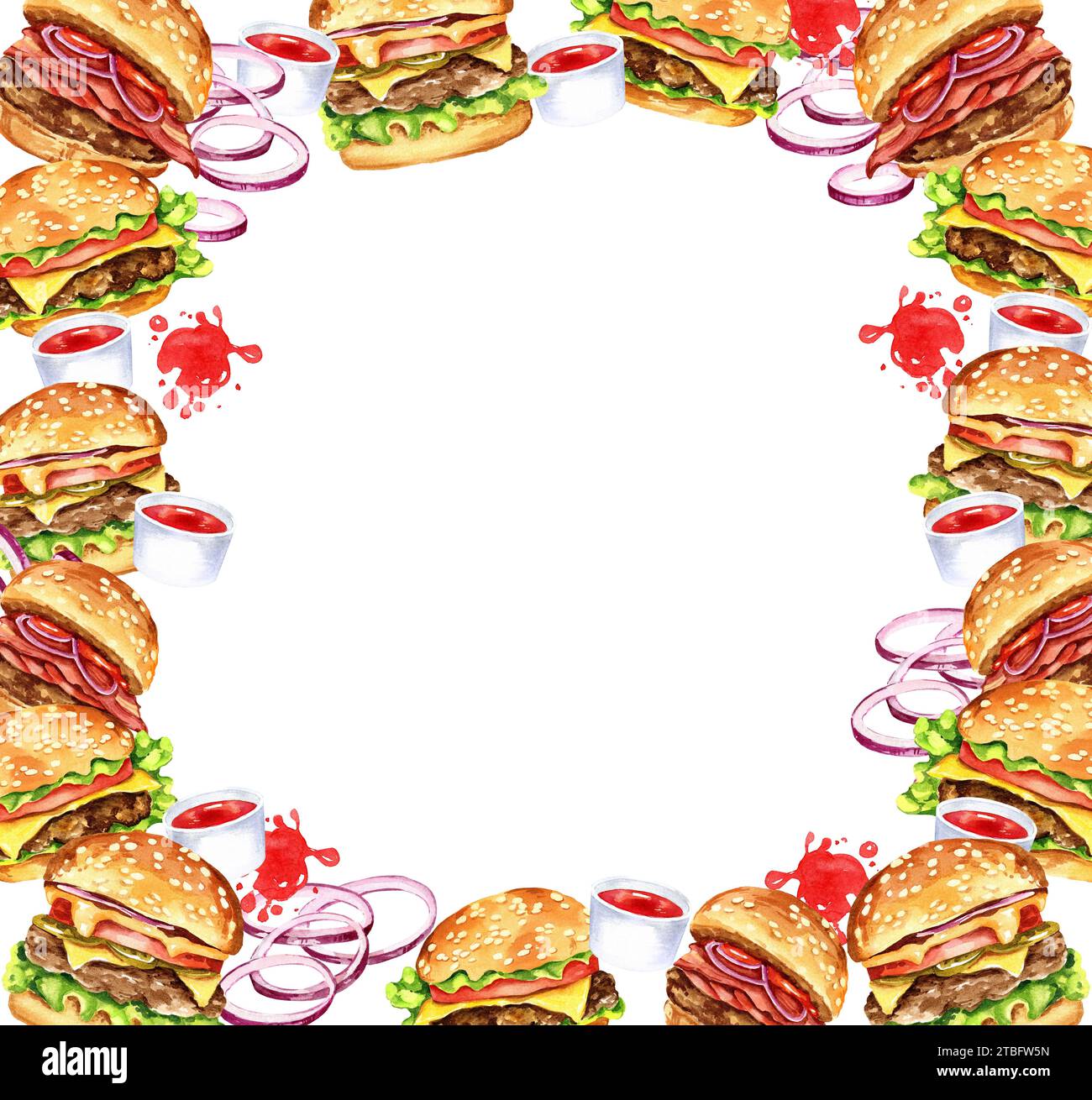 watercolor square border with different tasty burgers, onion, souse ...