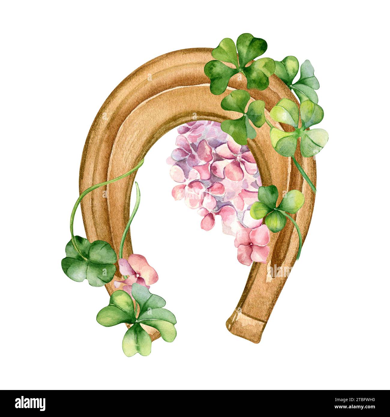 Horseshoe and clover with spring flowers watercolor illustration ...
