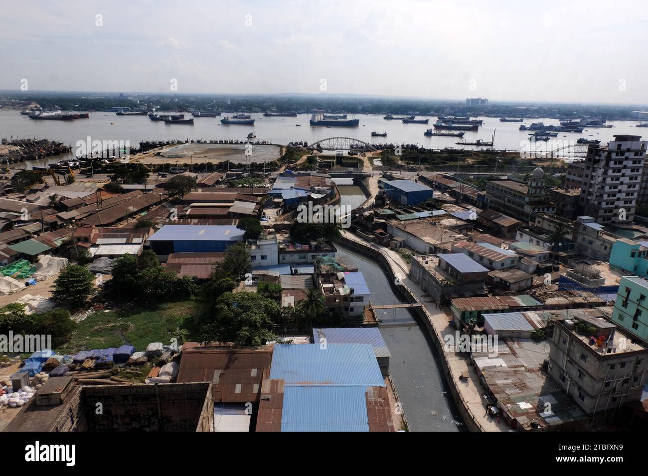 Drone view of Karnafuly river and Bridge. Karnaphuly river is getting ...