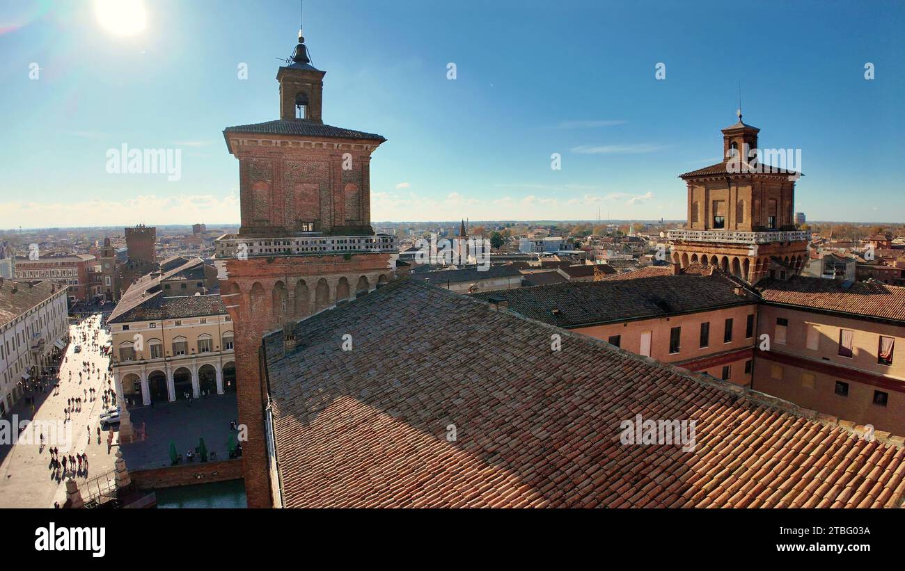 Aerial view from Ferrara Castle tower, majestic fortress that stands in ...