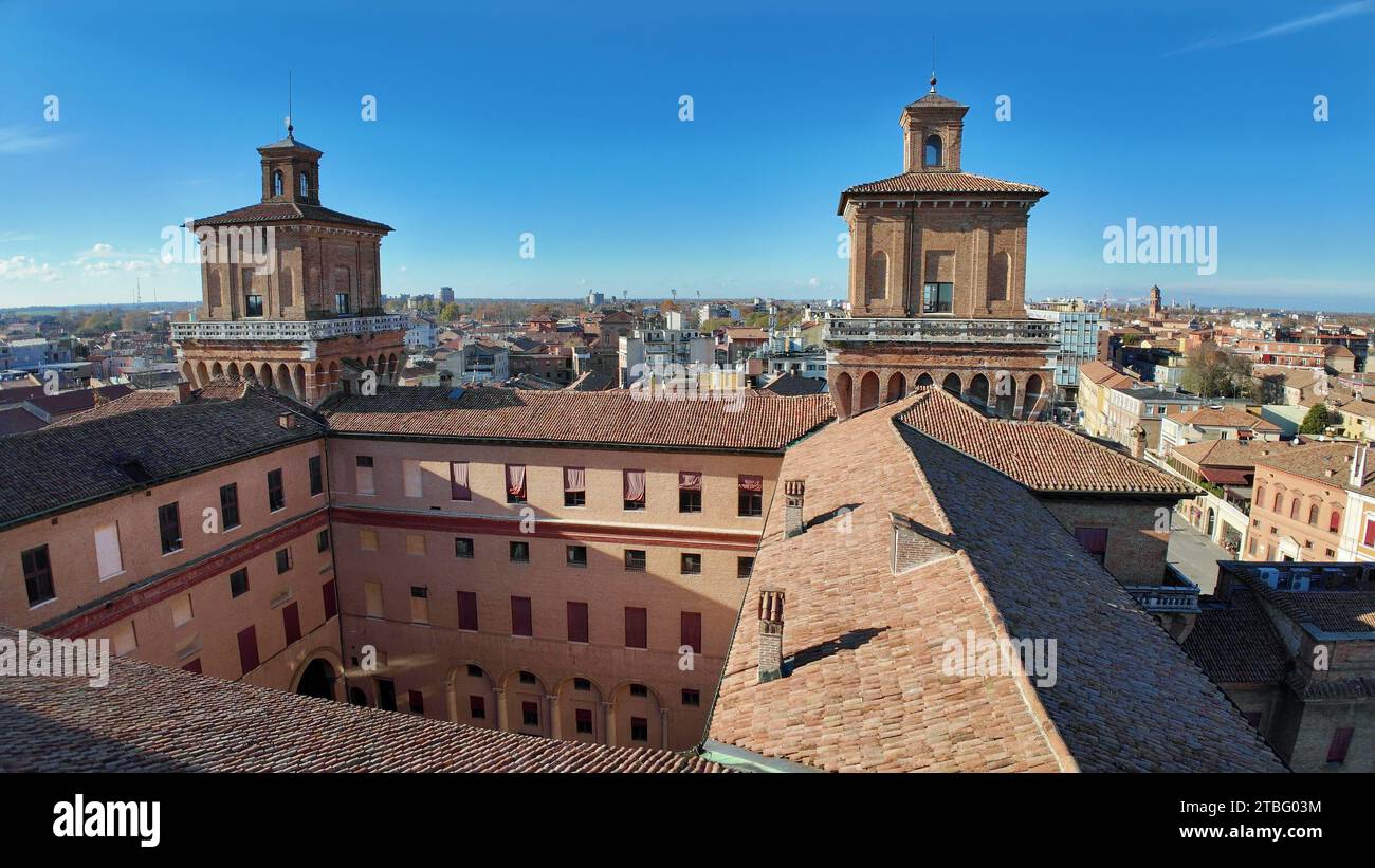 Aerial view from Ferrara Castle tower, majestic fortress that stands in ...