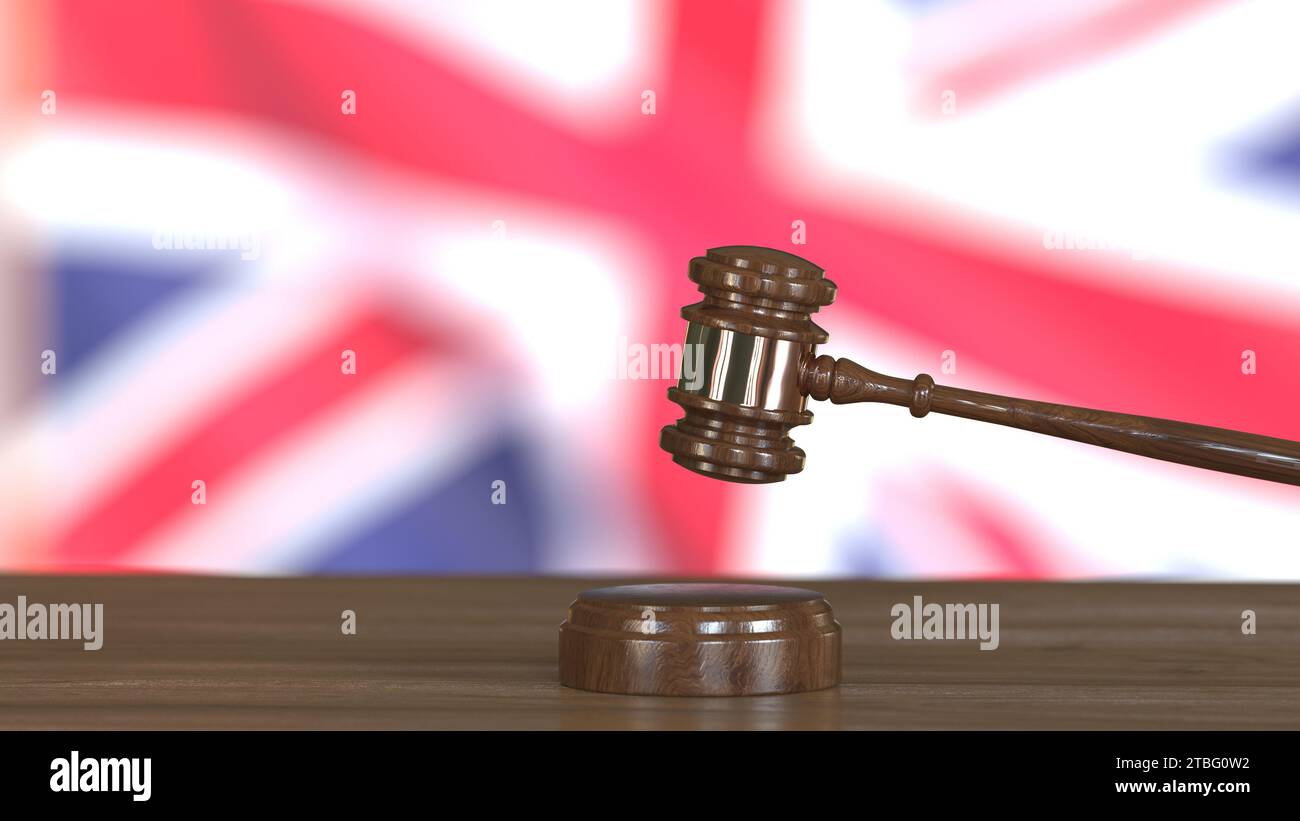 3D render - Judge's gavel against the background of the UK flag Stock ...