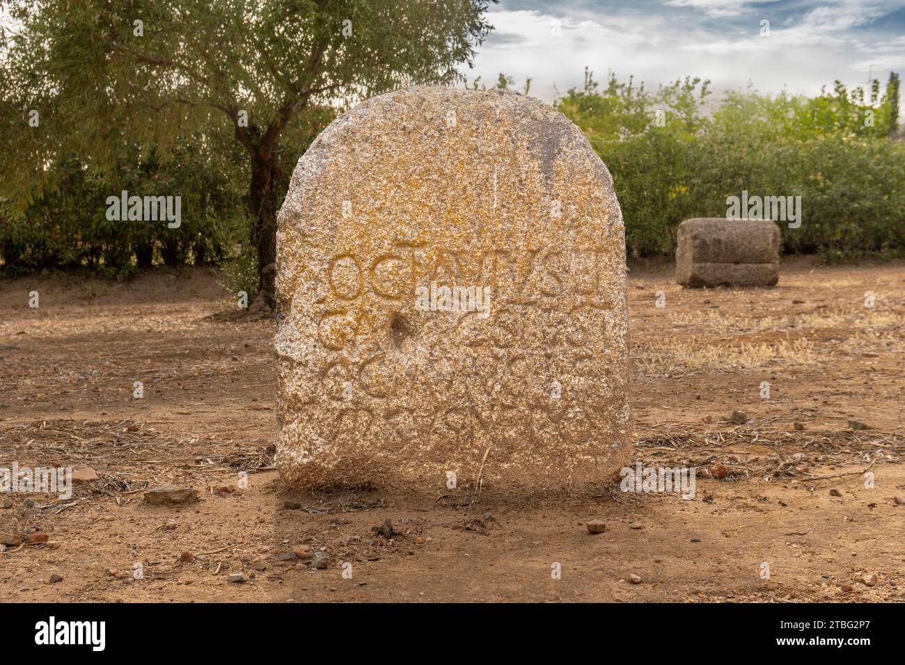 Archaeological remains of a sunlit stone Roman tombstone funerary ...
